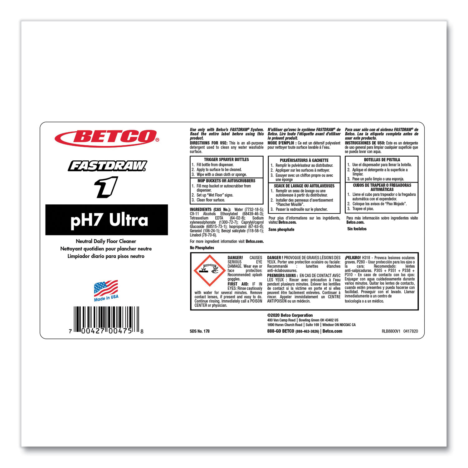 Betco Fastdraw pH7 Ultra Neutral Cleaner, 2 L, 67.6 oz, Bottle - 4/Case