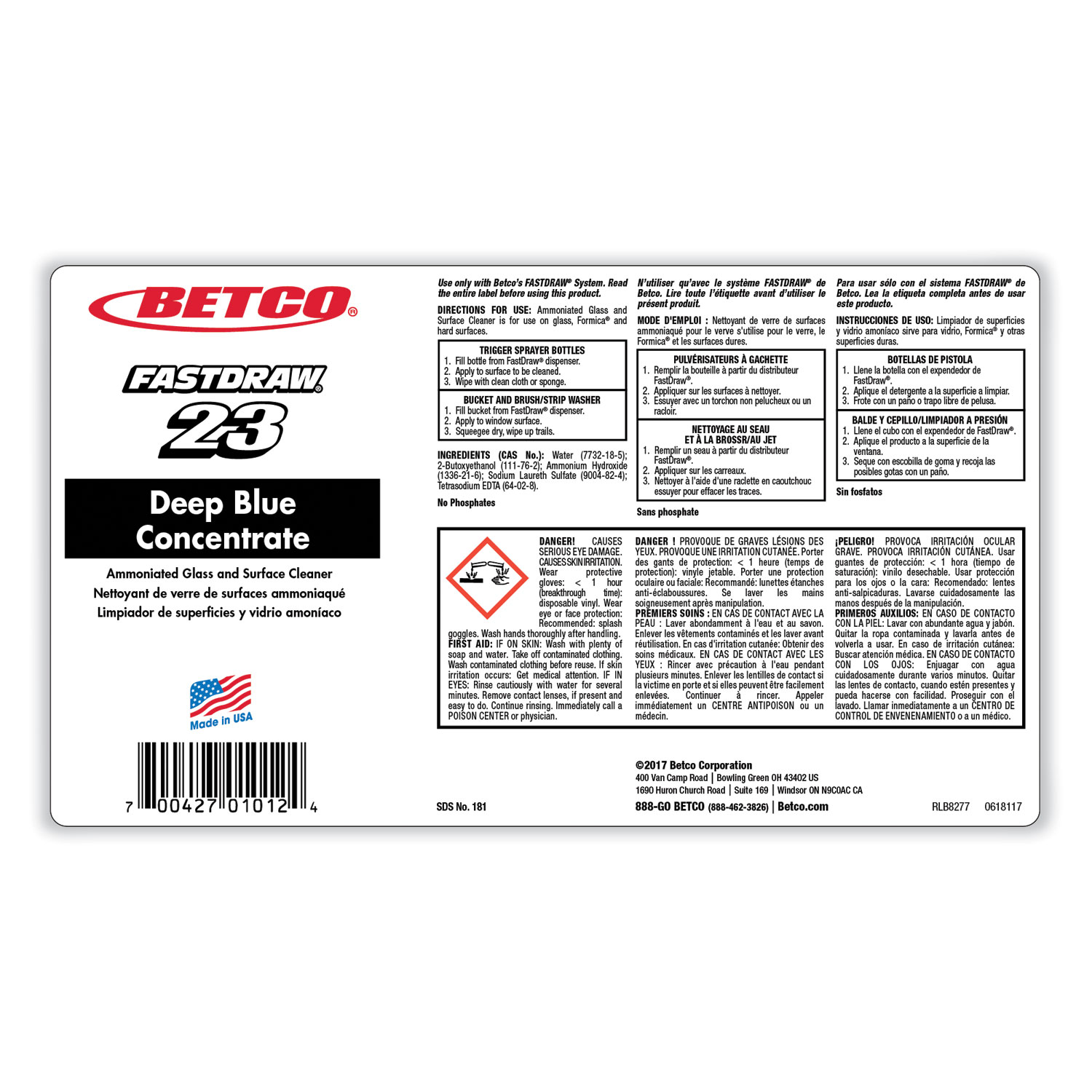 Betco Fastdraw Deep Blue Glass and Surface Cleaner, 2 L, 67.6 oz ...