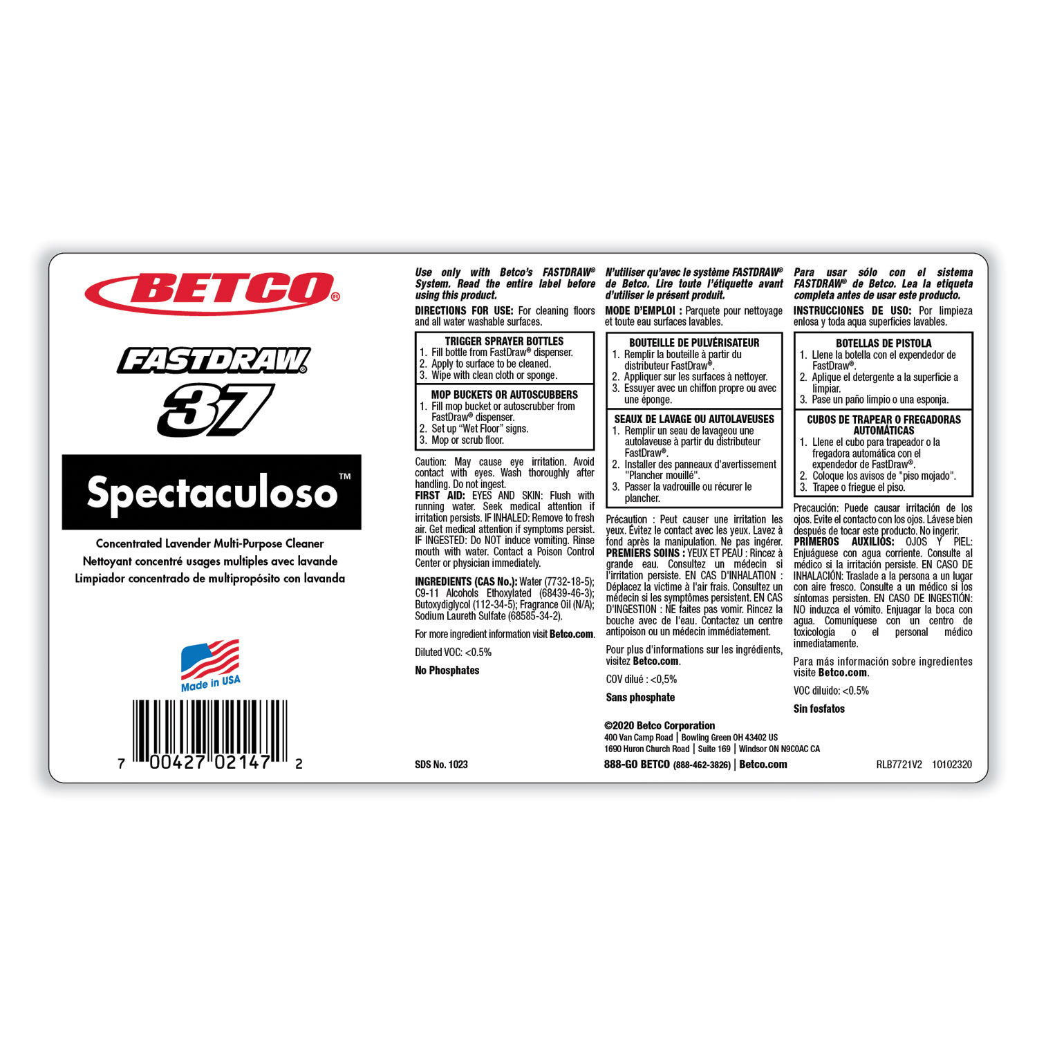 Betco Fastdraw Spectaculoso Multipurpose Cleaner, Lavender Scent, 2 L ...