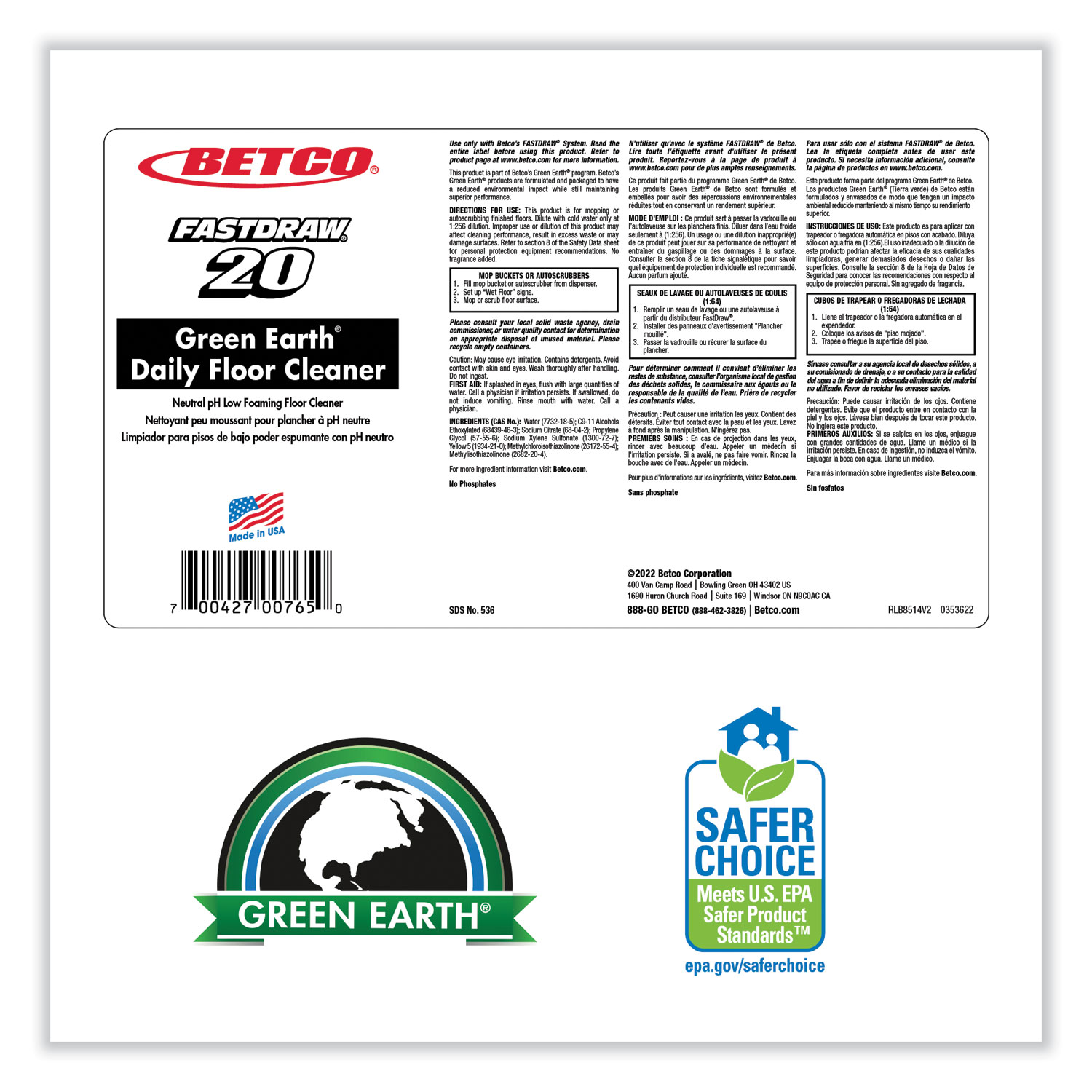 Betco Fastdraw Green Earth Daily Floor Cleaner, 2 L, 67.6 oz, Bottle ...