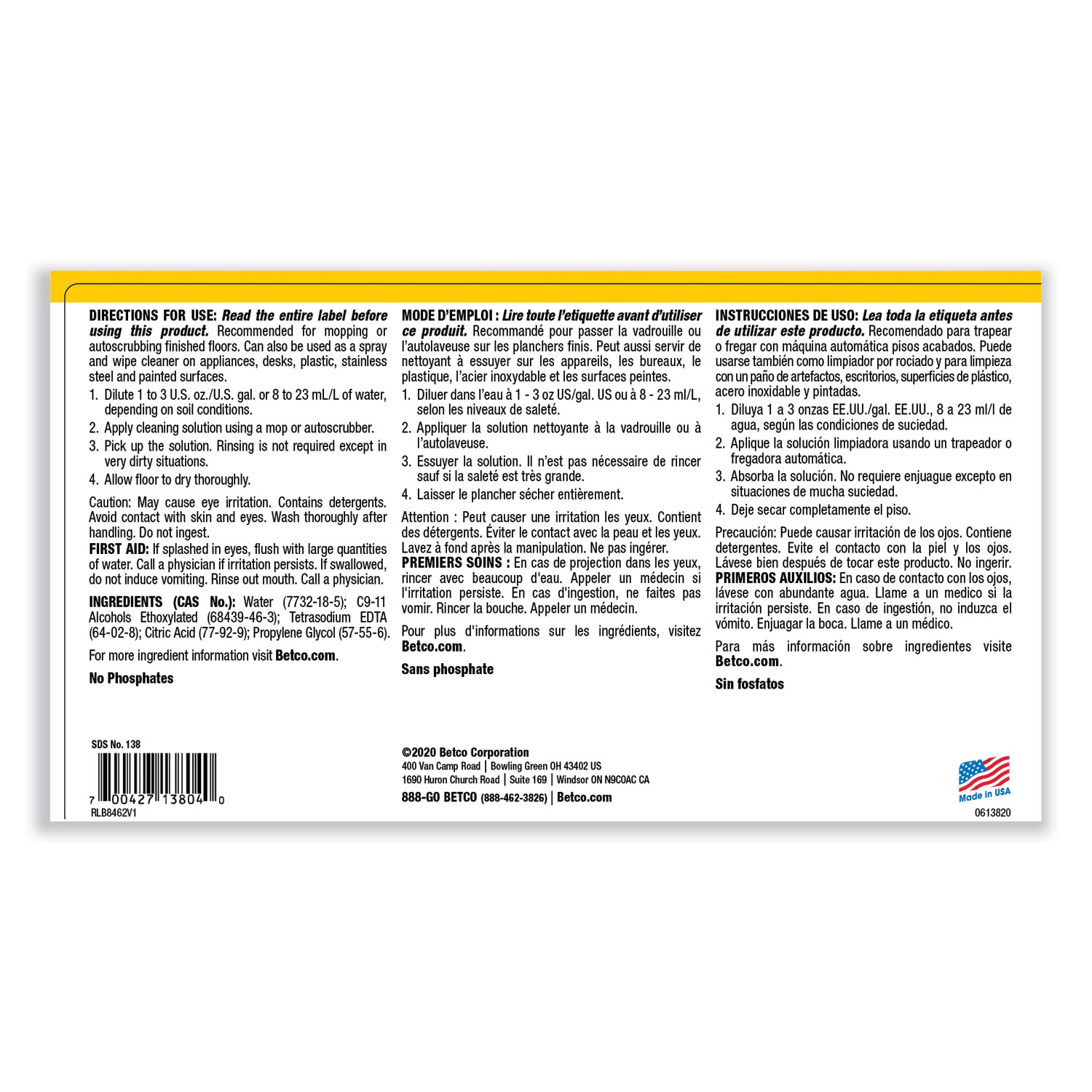 Betco pH7 Commercial Grade Floor Cleaner, Lemon (Concentrated), 1 gal ...