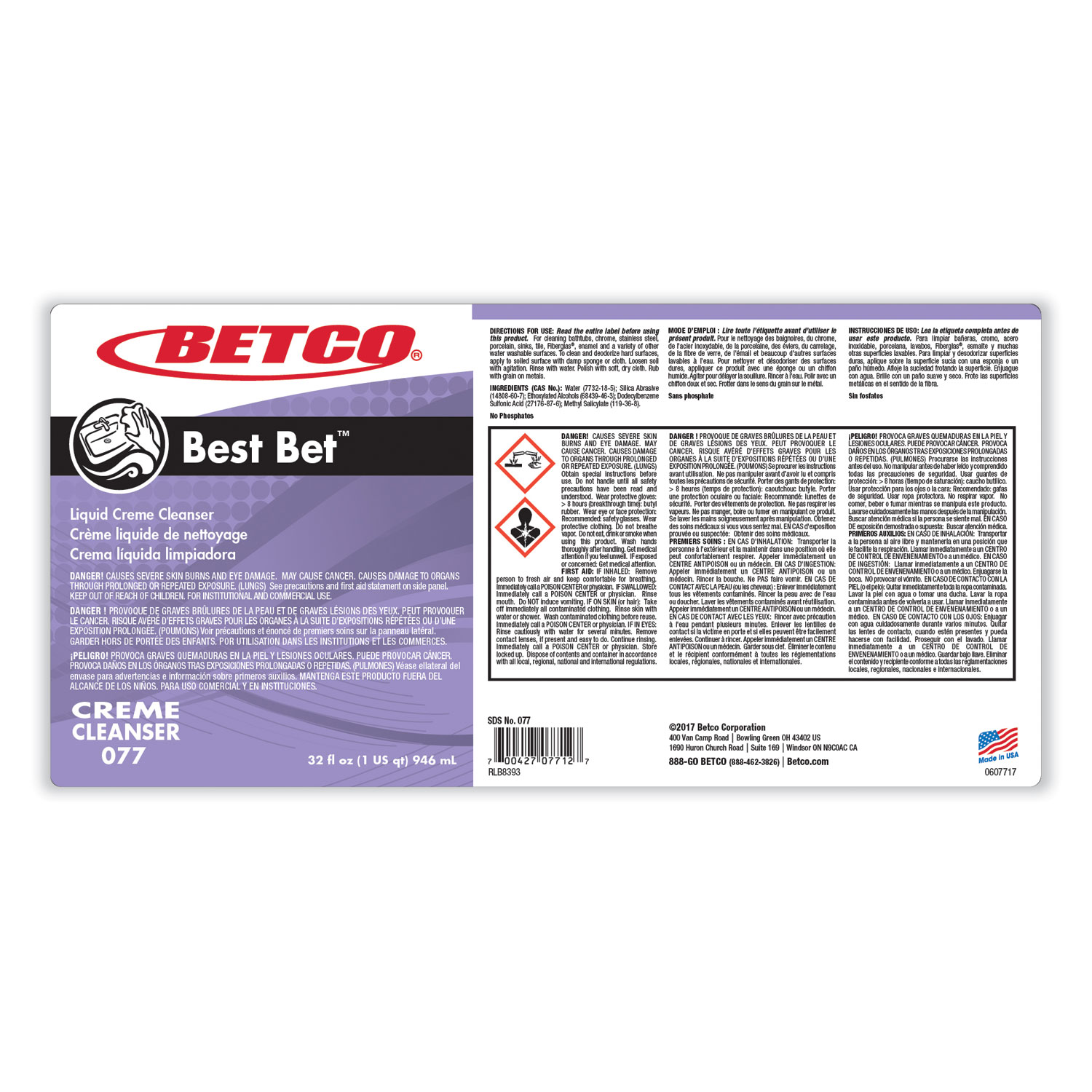 Betco Best Bet Liquid Creme Cleanser, Mint, 32 oz Bottle - 12/Case